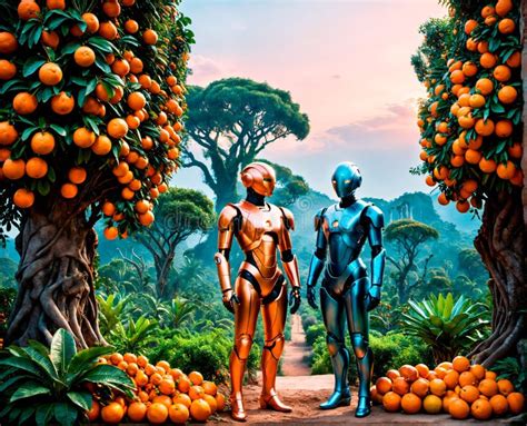 Ai Generated Illustration Of Two Robots Stand Outside In Front Of A Lush Orange Tree Stock