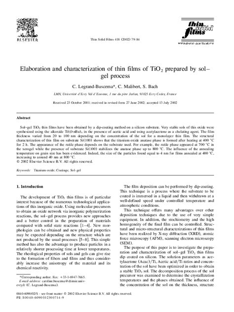 Pdf Elaboration And Characterization Of Thin Films Of Tio2 Prepared By Sol Gel Process