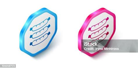 흰색 배경에 격리 된 등색 소시지 아이콘 구운 소시지와 향기 표지판 육각 버튼 벡터 3차원 형태에 대한 스톡 벡터 아트 및 기타 이미지 3차원 형태 가공육 건강에