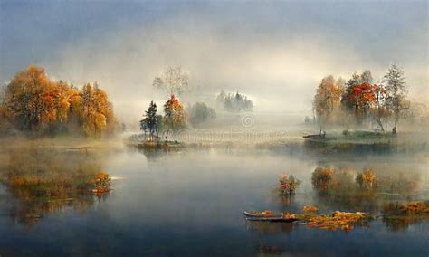 Morning Mist At Lake Autumn Landscape Digital Illustration Stock