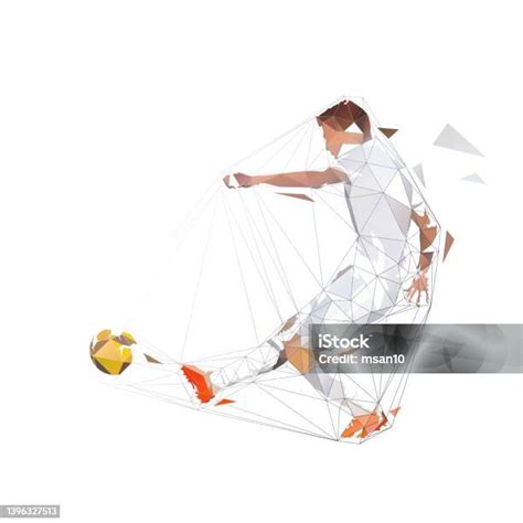 흰색 저지 발로 공과 득점 골 추상 낮은 다각형 기하학적 벡터 그림에서 축구 선수 고립 된 낮은 폴리 축구 선수 Soccer Tournament에 대한 스톡 벡터 아트 및