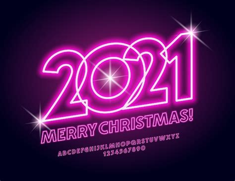 인사말 카드 메리 크리스마스 2021 핑크 라이트 폰트 네온 알파벳 문자와 숫자 세트 프리미엄 벡터