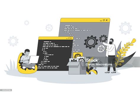 플랫 라인 디자인의 소프트웨어 개발 개념 사람들은 코드 설정 및 테스트를 작성하고 프로그램 및 응용 프로그램을 개발하고 It