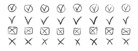 분필 진드기와 십자가 원과 사각형 세트 눈금 기호는 동의 투표 확인을 의미합니다 진드기와 X 기호는 목탄 검정 연필로 손으로 그립니다 벡터 일러스트 레이 션 검증에 대한