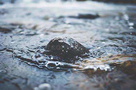 Water S Gentle Impact A Dark Stone Submerges Creating Ripples And Bubbles In A Tranquil Stream