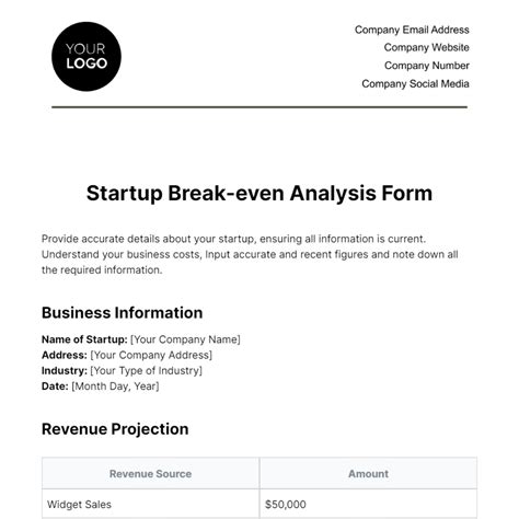Startup Break Even Analysis Form Template Edit Online Download Example Template Net