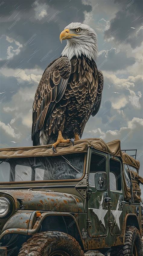 Premium Photo Bald Eagle Perched On Vintage Military Jeep