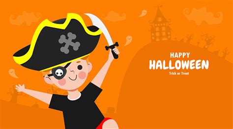 해피 할로윈 트릭 또는 플랫 스타일 해적과 재미있는 파티 축하 초대장 배너 템플릿 포스터 배경 벡터 일러스트 레이 션을 취급