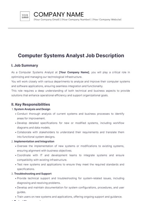 Free Computer Systems Analyst Job Description Template To Edit Online