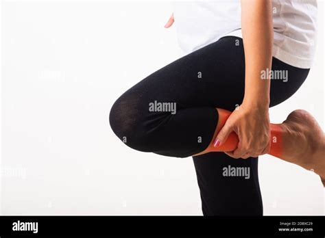 Closeup Young Woman Aches To Suffer From Pain Knee And She Uses Hand