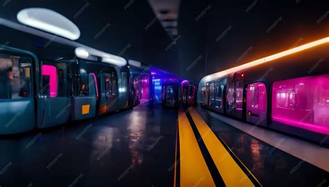 현대 네온 배경 지하 현대 지하철 밤 지하철 네온 불빛의 반사 젖은 아스팔트 3d 그림 프리미엄 사진