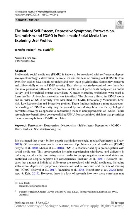 Pdf The Role Of Self Esteem Depressive Symptoms Extraversion Neuroticism And Fomo In