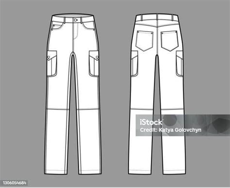 청바지 카고 데님 팬츠 테크니컬 패션 일러스트레이션으로 허리 상승 포켓 벨트 루프 전체 길이 바지 의복에 대한 스톡 벡터 아트 및 기타 이미지 Istock
