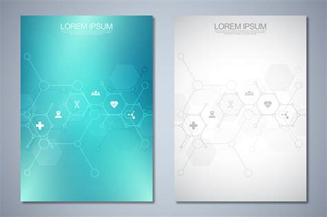 템플릿 브로셔 또는 커버 북 페이지 레이아웃 전단지 디자인 헬스케어 사업 혁신 의학 약국 기술에 대한 개념과 아이디어 평평한 아이콘과 기호가있는 의료 배경 건강관리와 의술에
