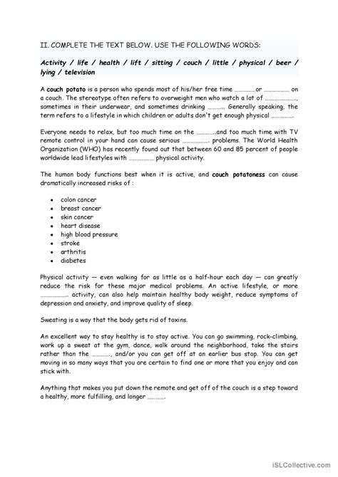 Couch Potatoes English ESL Worksheets Pdf Doc