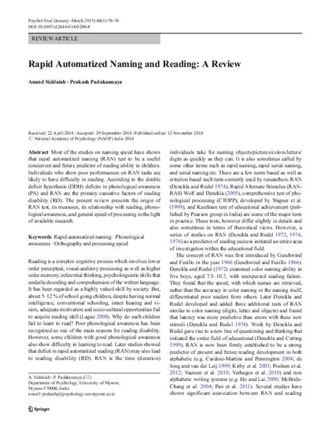 Pdf Rapid Automatized Naming And Reading A Review