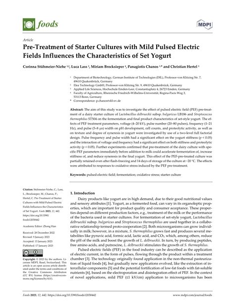 Pdf Pre Treatment Of Starter Cultures With Mild Pulsed Electric Fields Influences The