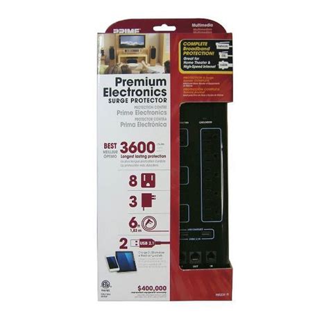 Prime 8 Outlet 3600j Black Multimedia Surge Protector Computer