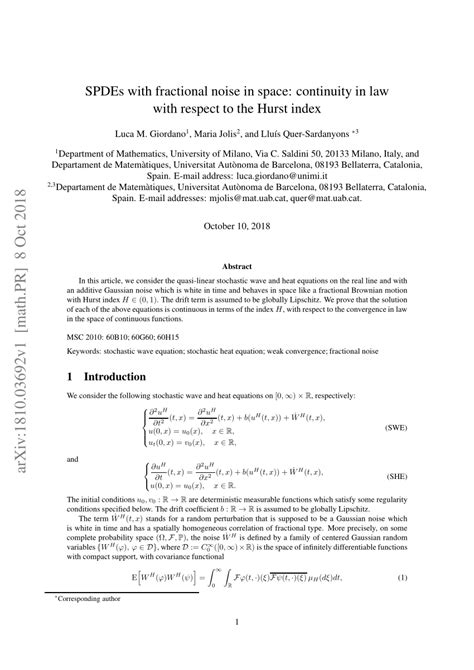 Pdf Spdes With Fractional Noise In Space Continuity In Law With Respect To The Hurst Index