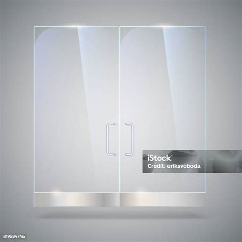 유리 회색 배경에 절연과 반사와 그림자 문 벡터 3d 그림입니다 투명 유리 문 상점 쇼핑몰 투명 한 부티크 문 금속 손잡이 가진 사무실 유리 문 가정 생활에 대한 스톡 벡터
