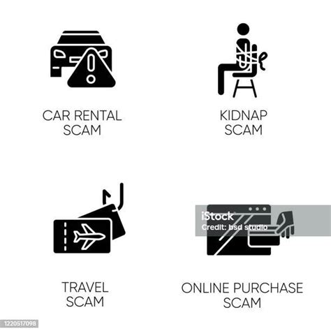 사기 유형 문말 아이콘 세트 렌터카 온라인 구매 사기 계획 납치 여행 트릭 사이버 범죄 금융 사기 불법 적인 돈 이득 실루엣 기호입니다 벡터 절연 그림 0명에 대한 스톡