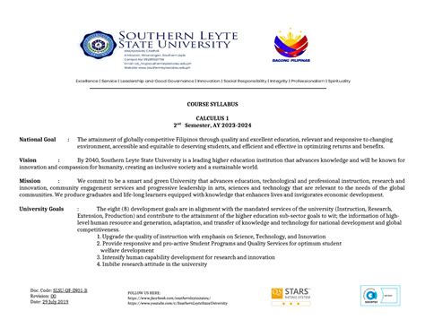 Syllabus Calculus Guide Only Doc Code SLSU QF IN B Revision