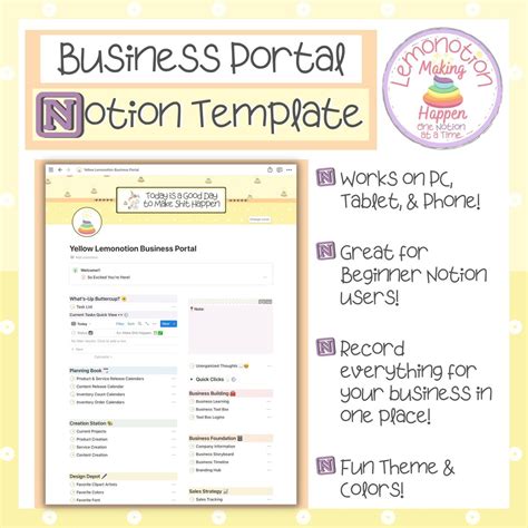Cute Yellow Unicorn Notion Business Template Notion Business Dashboard Planner Notion Side
