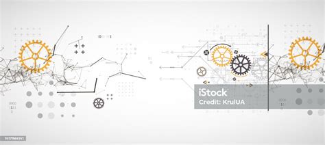 기술 및 과학 주제에 대한 추상적 인 배경 텍스트 아래에 있는 장소가 있는 다양한 테크노 디테일이 있는 플렉서스 효과 벡터 형식입니다 개념에 대한 스톡 벡터 아트 및 기타