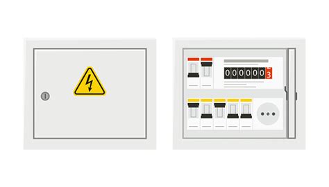 개방형 및 닫기 문이 있는 전원 스위치 패널 퓨즈 박스 플랫 스타일로 격리된 벡터 그림 배전반에 대한 스톡 벡터 아트 및 기타 이미지 배전반 가정의 방 전기 플러그