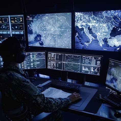 A Soldier Sits At A Computer Station With Multiple Monitors Displaying Maps And Data Premium