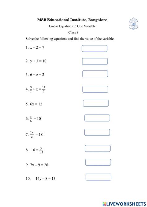 Linear Equations In One Variable Online Worksheet Equations Worksheets