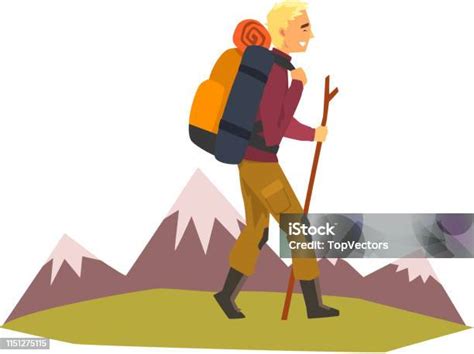 배낭과 물건 여름 산 풍경 야외 모험 여행 캠핑 배낭 여행 또는 원정대 벡터 일러스트와 함께 걷는 남자 하이킹에 대한 스톡 벡터 아트 및 기타 이미지 Istock