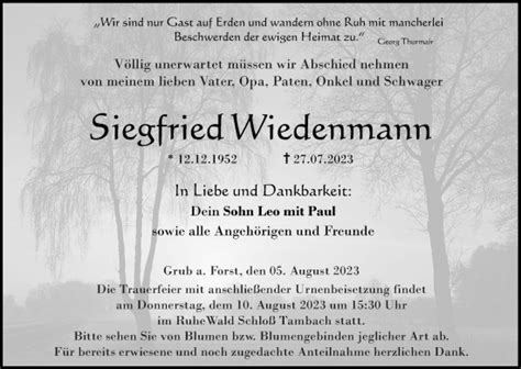 Siegfried Wiedenmann Traueranzeige Frankende
