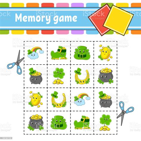 아이들을위한 메모리 게임 워크시트를 개발하는 교육 사진이 있는 활동 페이지입니다 성 패트릭의 날 논리적 사고 훈련 격리된 벡터 그림입니다 재미있는 캐릭터 만화 스타일 0명에