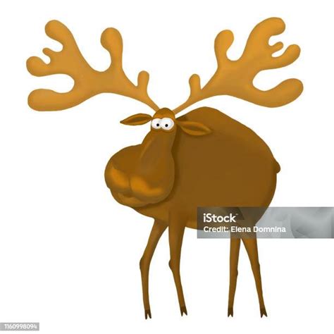 Söt Tecknad Älg Eller Eurasisk Älg Med Stora Horn Isolerad På En Vit