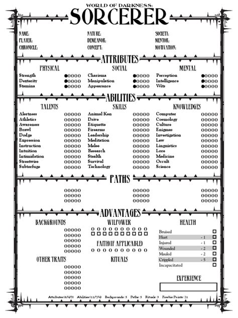 Sorcerer Character Sheet Template Pdf Leisure