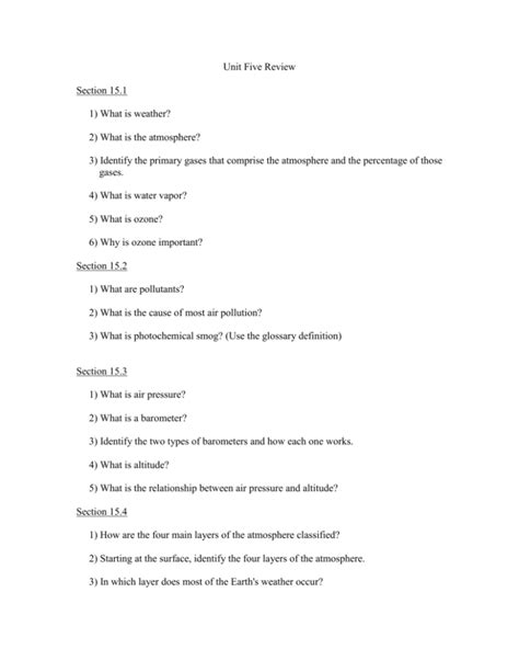 Weather Atmosphere Unit Review Questions