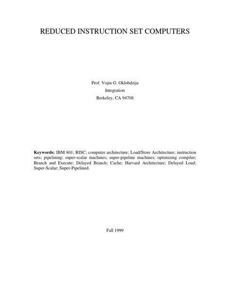 Reduced Instruction Set Computers: Keywords: IBM 801 RISC Computer Architecture Load/Store ...