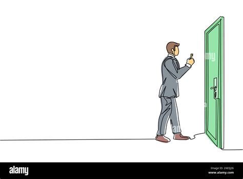Continuous One Line Drawing Businessman Lifts Key In Front Of Door Man Holding Key To Open