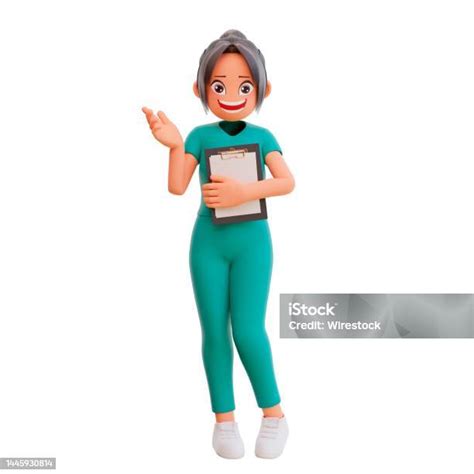 흰색 배경에 격리된 클립보드를 들고 있는 병원 가운 유니폼을 입은 3d 렌더링 간호사 3차원 형태에 대한 스톡 사진 및 기타 이미지 3차원 형태 간호사 건강관리와