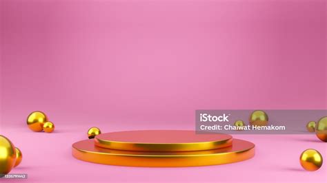 제품 광고 및 상업용 3d 렌더링을 위한 분홍색 배경에 황금 구체가 있는 골드 메탈릭 모의 스탠드 템플릿 0명에 대한 스톡 사진 및 기타 이미지 Istock