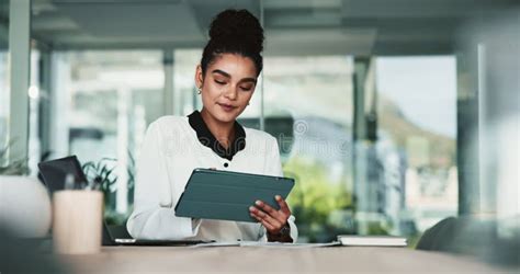 Thinking Digital And Woman With Tablet Office And Inspiration For