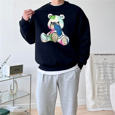 남자 기모 블루 베어 프린팅 오버핏 검정 맨투맨 티셔츠 헬로마켓