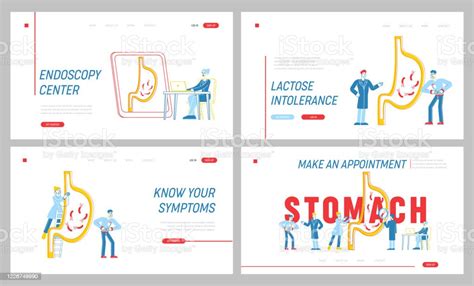 위장방문 페이지 템플릿 세트 거대한 위장의 메딕 캐릭터 남자는 위염 위통 헬리코박터 질병의 고통 환자 터치 고통스러운 배 선형 사람 벡터 일러스트레이션 개념에 대한 스톡