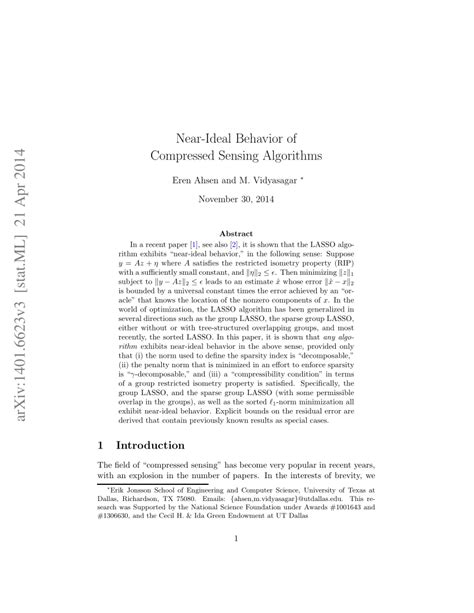 Pdf Near Ideal Behavior Of Compressed Sensing Algorithms