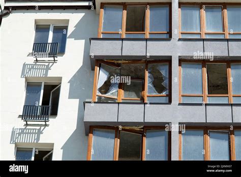 Broken Windows Of Residential Civilian Building After Russian Rocket