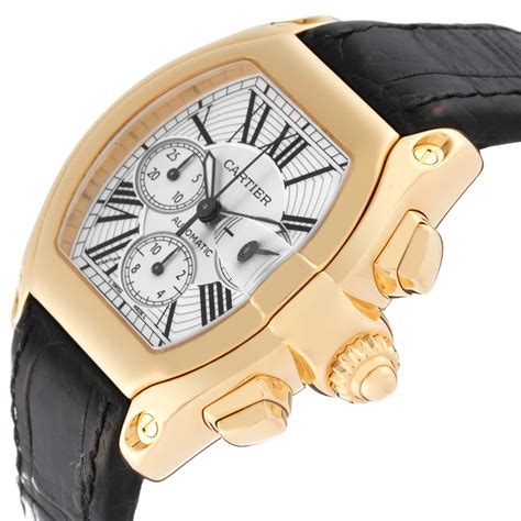 Cartier Roadster Chronograph Yellow Gold Black Strap Mens Watch