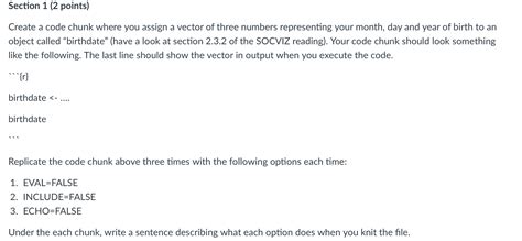 Solved Section 1 2 Points Create A Code Chunk Where You
