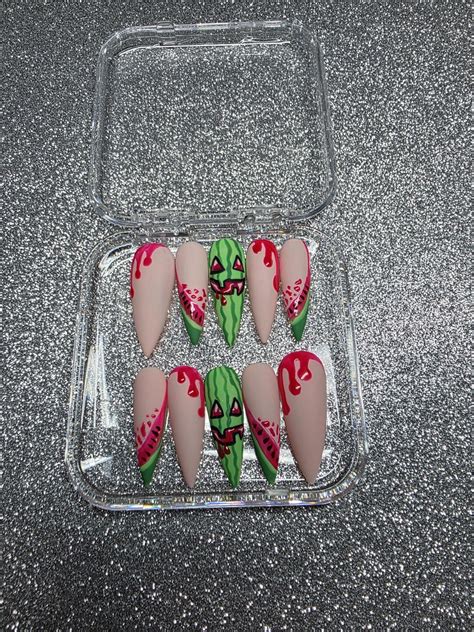 Summerween Watermelon Press On Nails Cutespooky Halloween Gel Nail Etsy