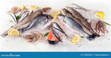 Fresh Fish And Seafood On White Wooden Background Healthy Eating Stock